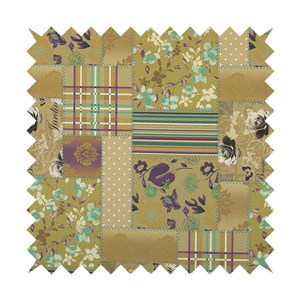 Vanessa Patchwork Pattern Gold Purple Colour Chenille Upholstery Curta ...